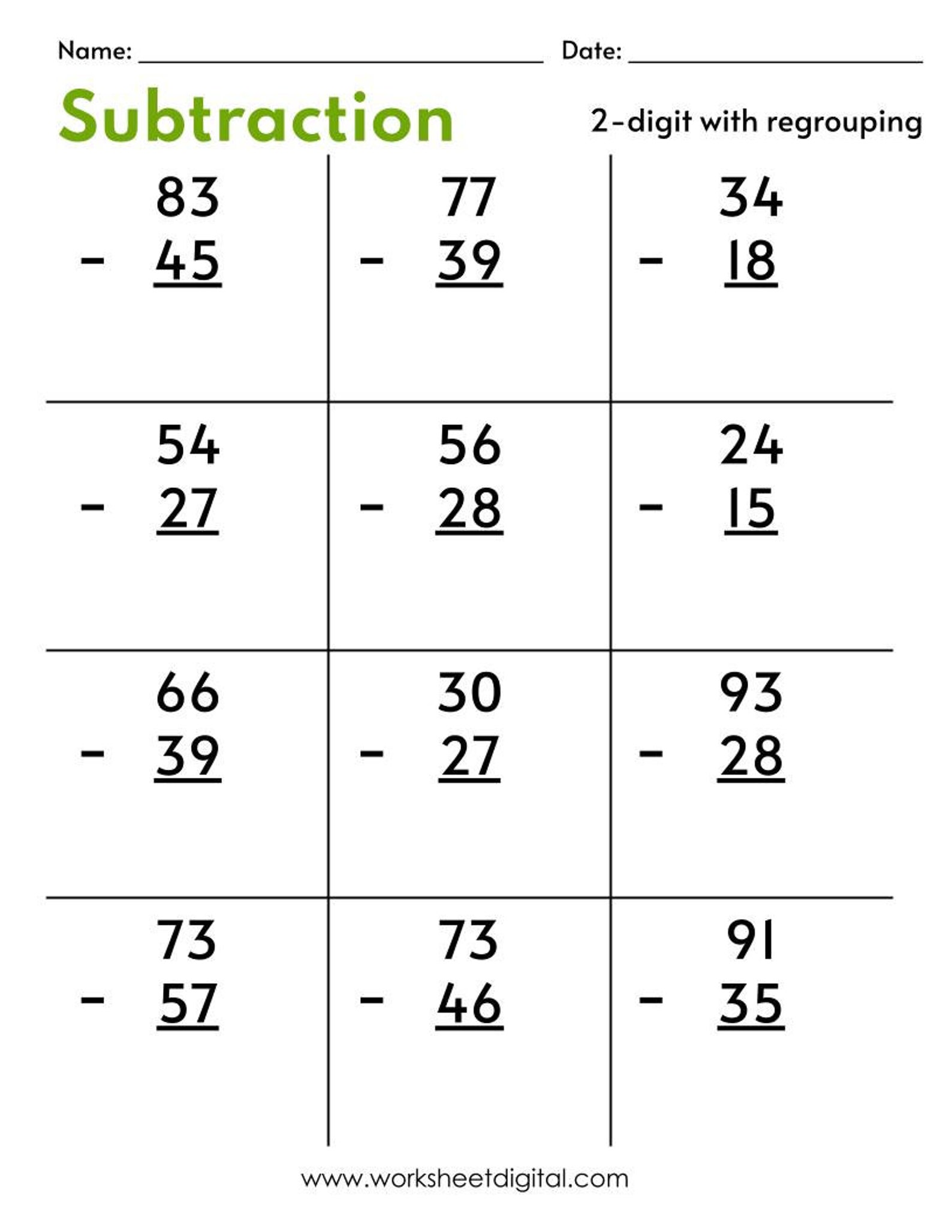 Two Digit Subtraction Worksheets: With Regrouping (PDF) - Etsy