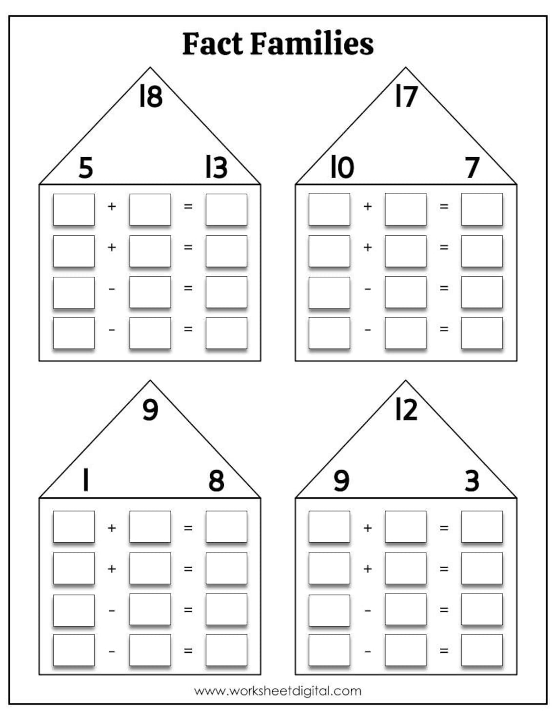 Number Fact Families Worksheet: Addition & Subtraction to 20 (digital ...
