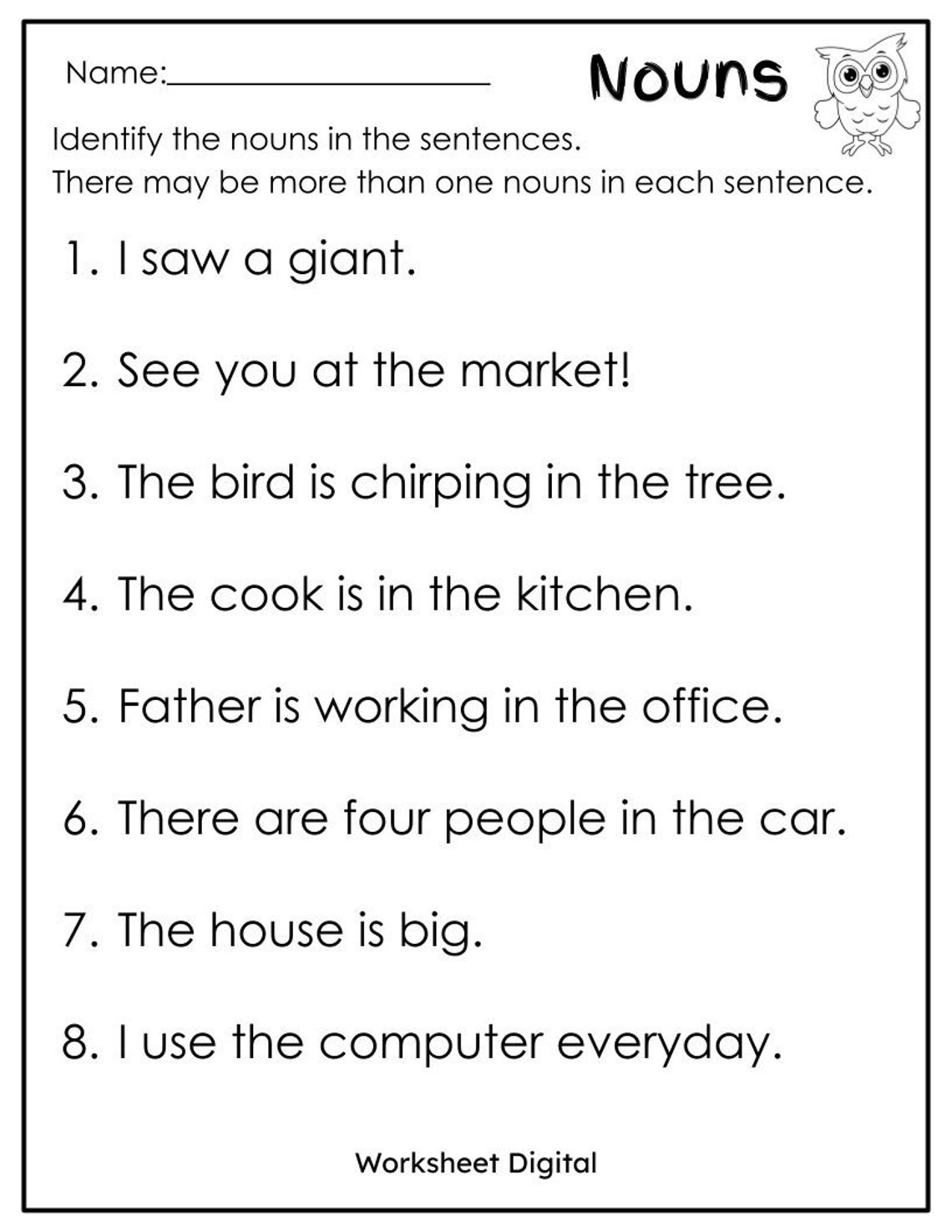 Nouns Worksheet: Grammar Practice for Grades 1-3 (PDF) - Etsy