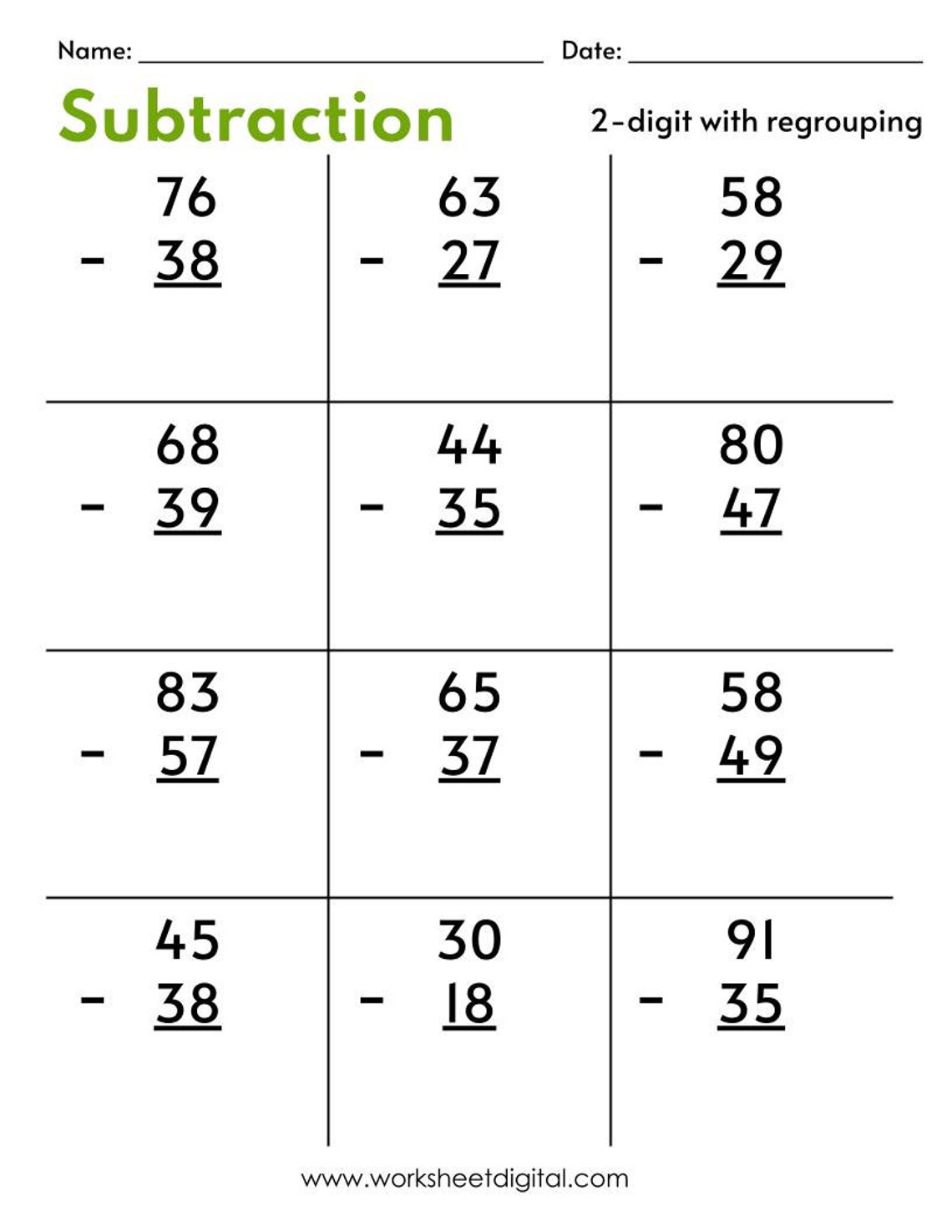 Two Digit Subtraction Worksheets: With Regrouping (PDF) - Etsy
