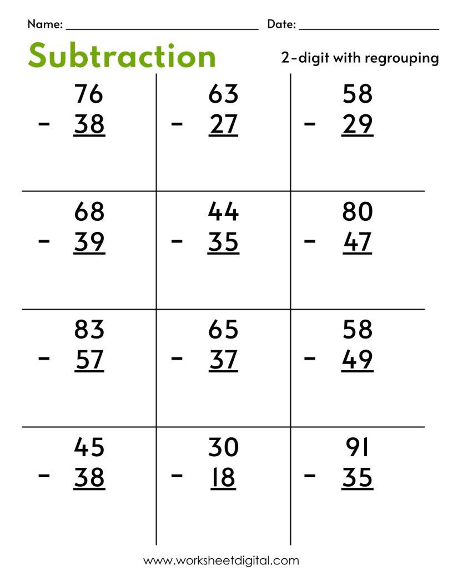 Two Digit Subtraction Worksheets: With Regrouping (PDF) - Etsy