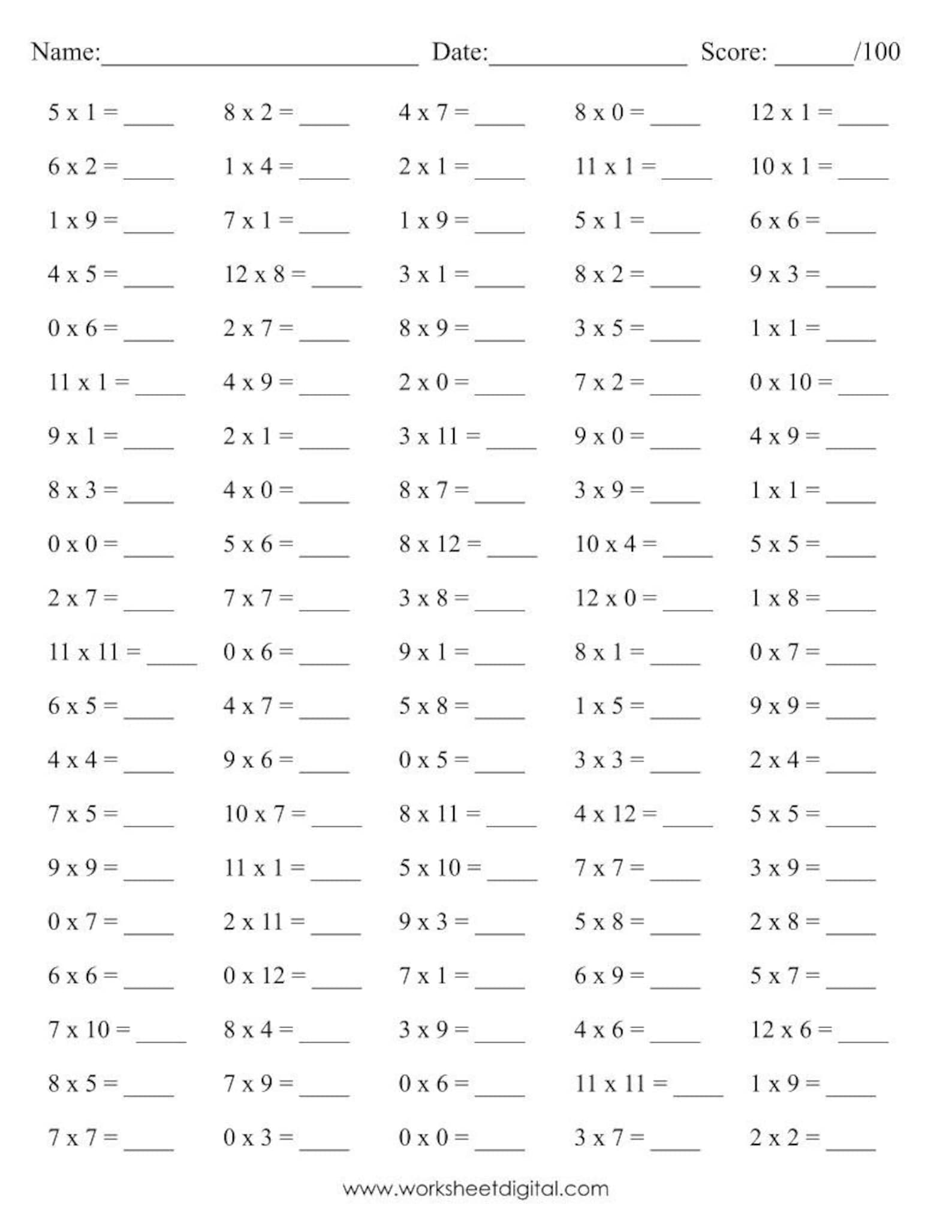 Multiplication Math Drills: Timetable 0-12 Practice (instant Download ...