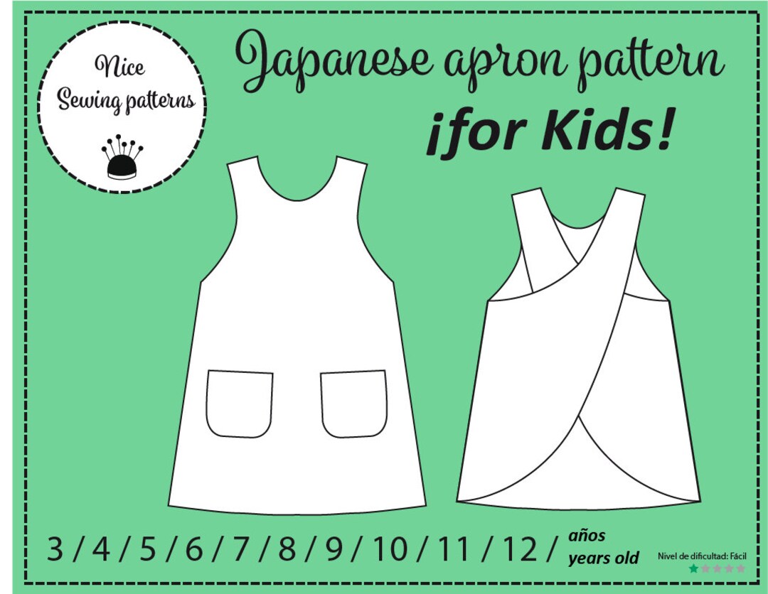 Japanese Apron Pattern FOR KIDS and Instructions 3/4/5/6/7/8/9/10/11/12 ...