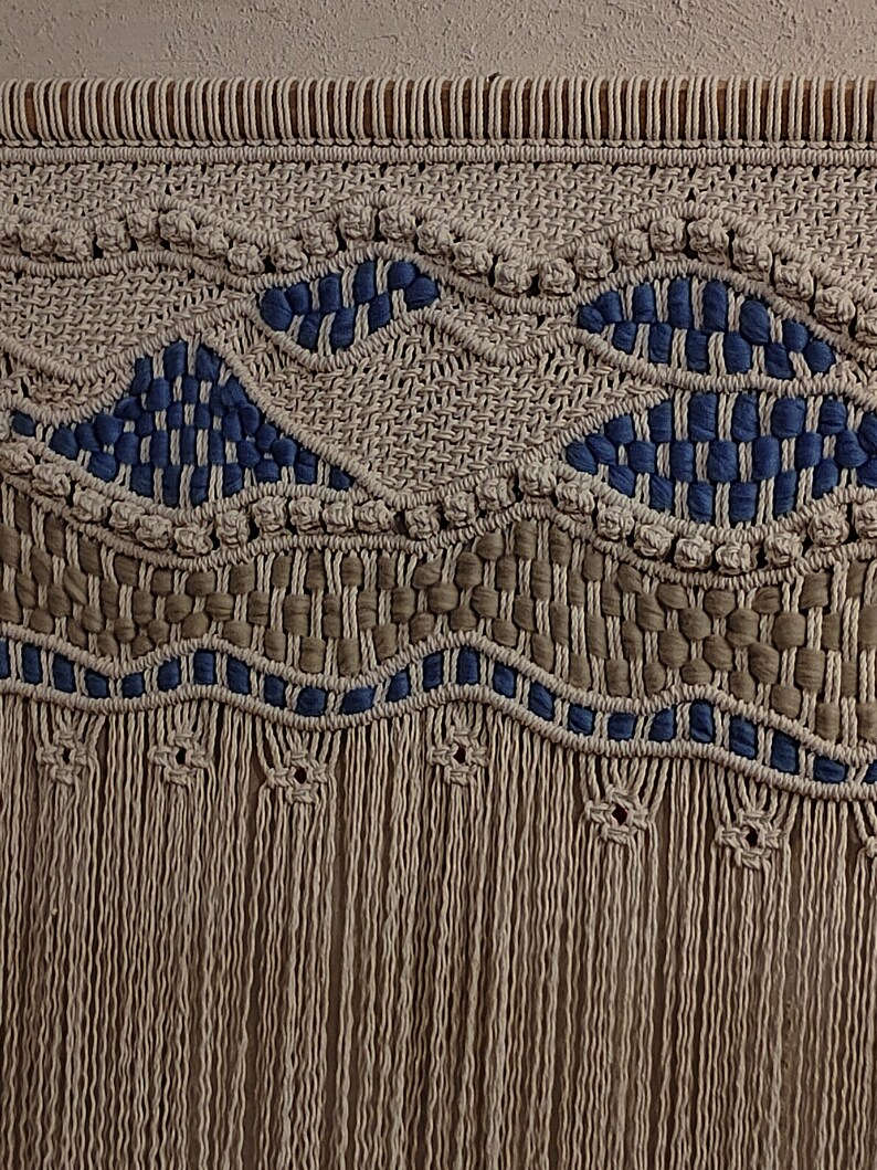 Graphic Macrame Wall Hanging 122x124 Cm, Natural White Cotton & Blue ...