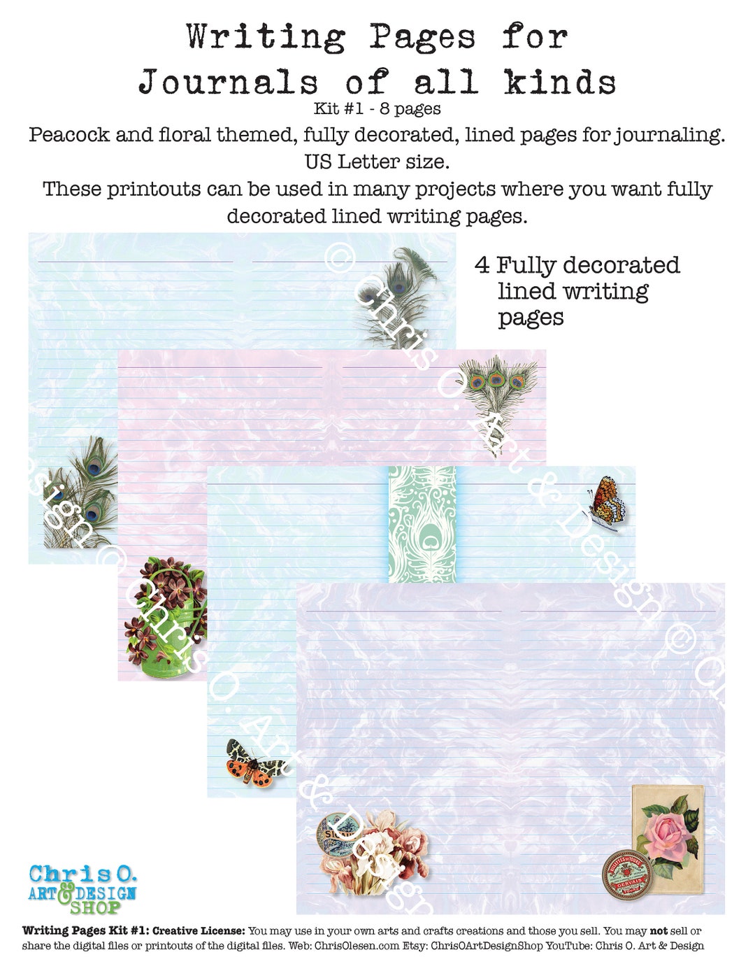 Writing Pages for Journals of All Kinds, KIT#1 Decorated Lined Writing ...