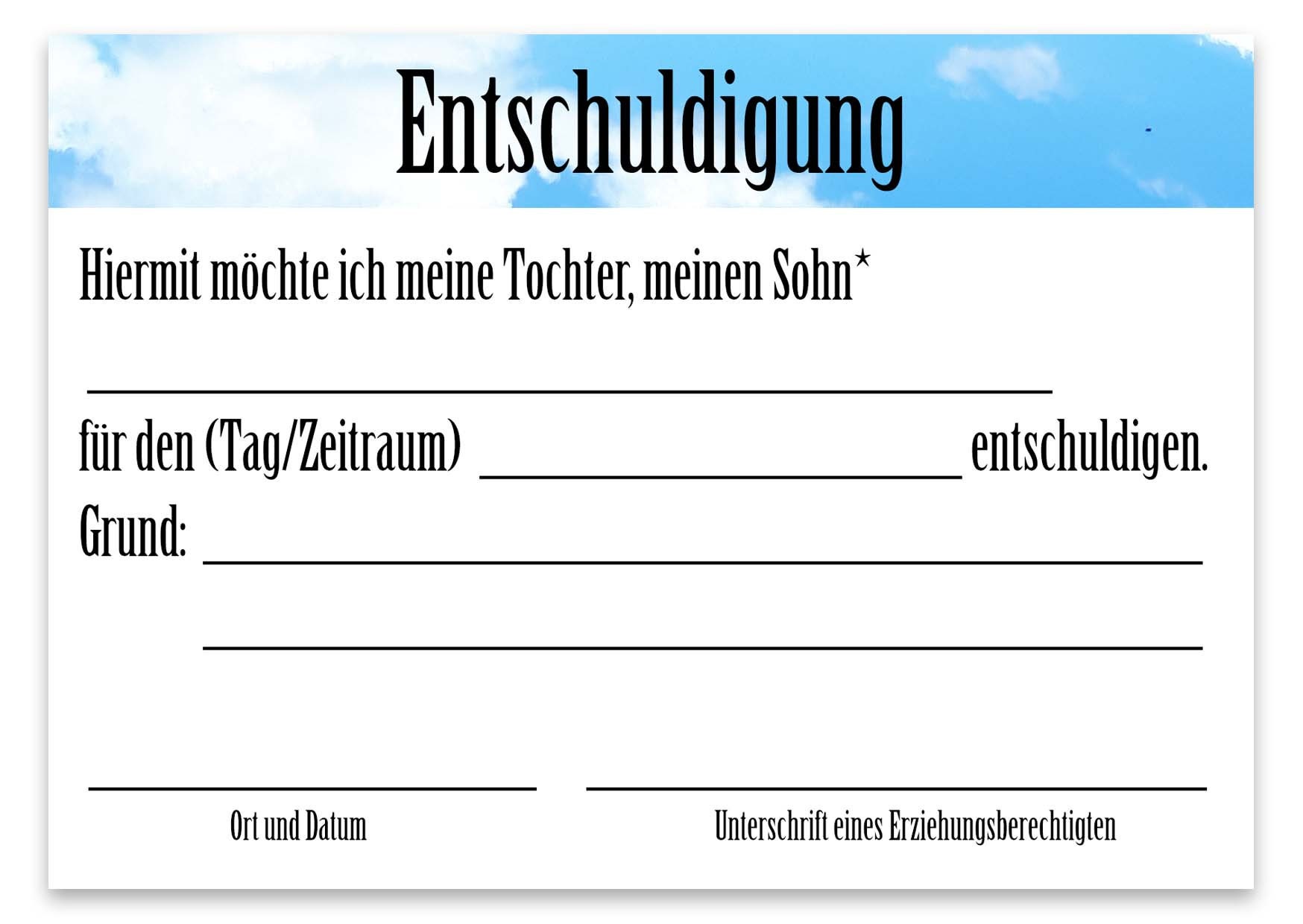 Formular Entschuldigung 25tlg. Schule, Kindergarten, Beurlaubung ...