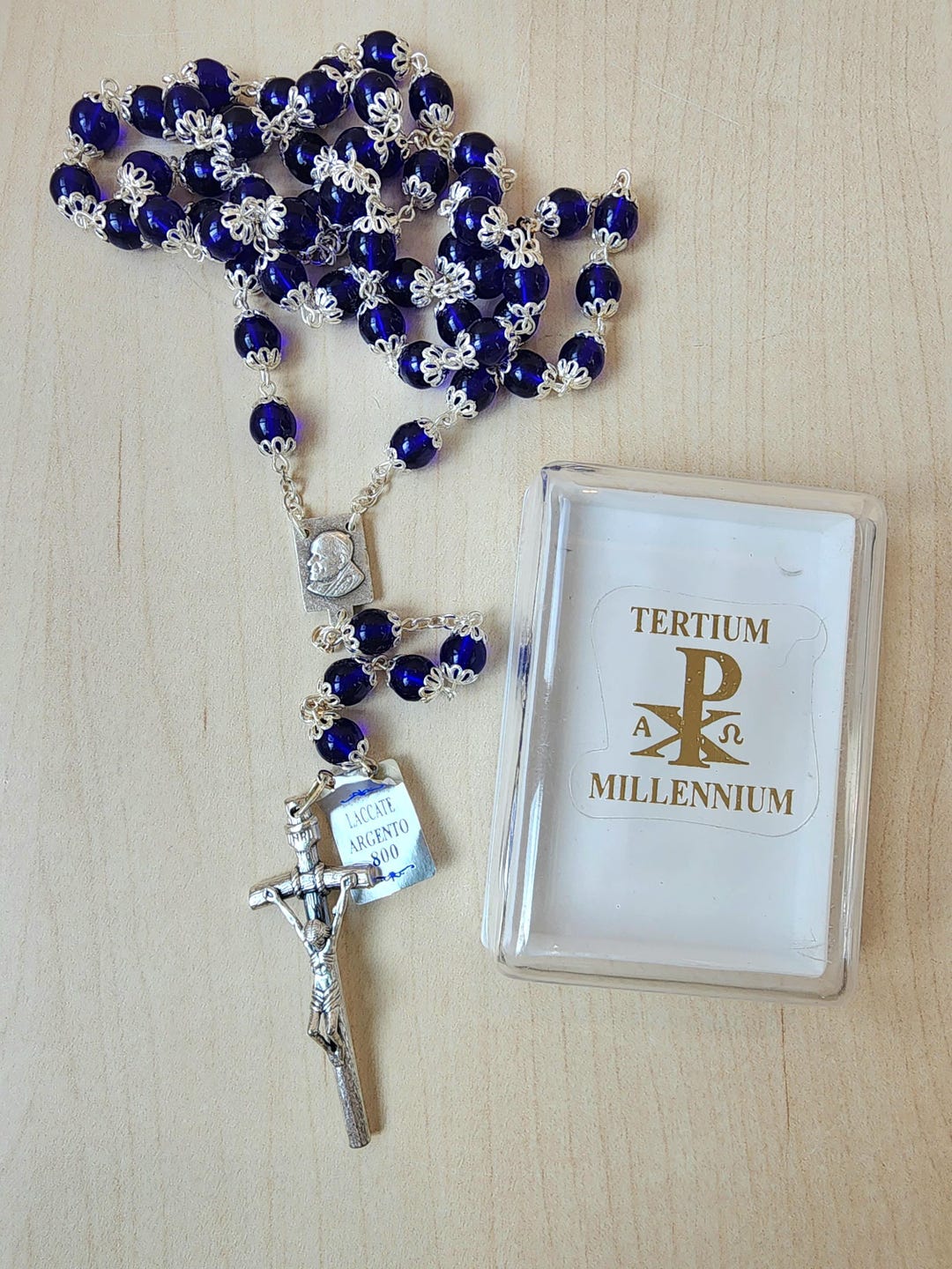 Vintage Cobalt Blue Bead & 800 Italy Silver Tertium Millenium 34 Rosary ...