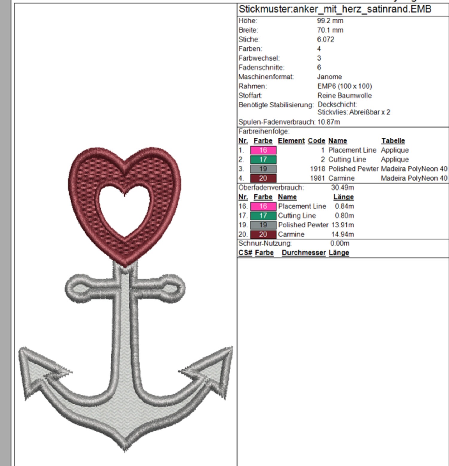 Anker Applikation mit Herz Satinrand Anchor Stickdatei | Etsy