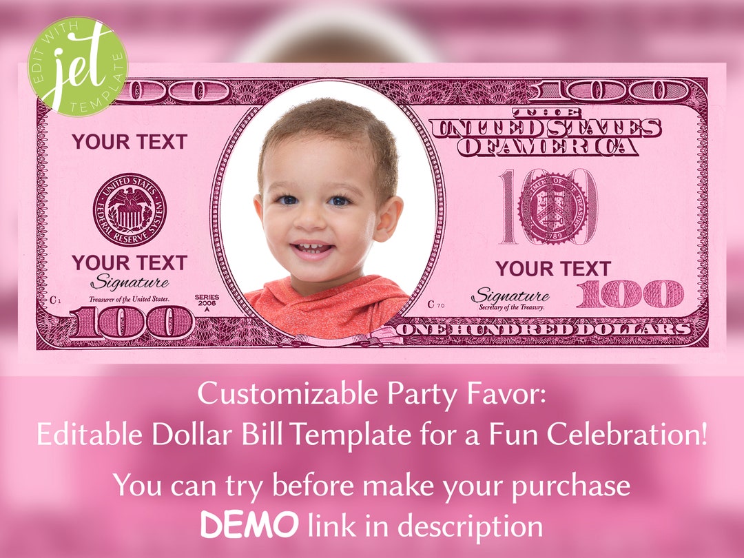 Editable Pink 100 Dollar Bill, Money Bill Art, Your Face on Money ...