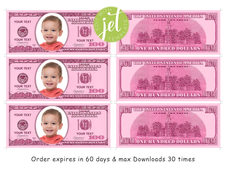Editable Pink 100 Dollar Bill, Money Bill Art, Your Face on Money ...