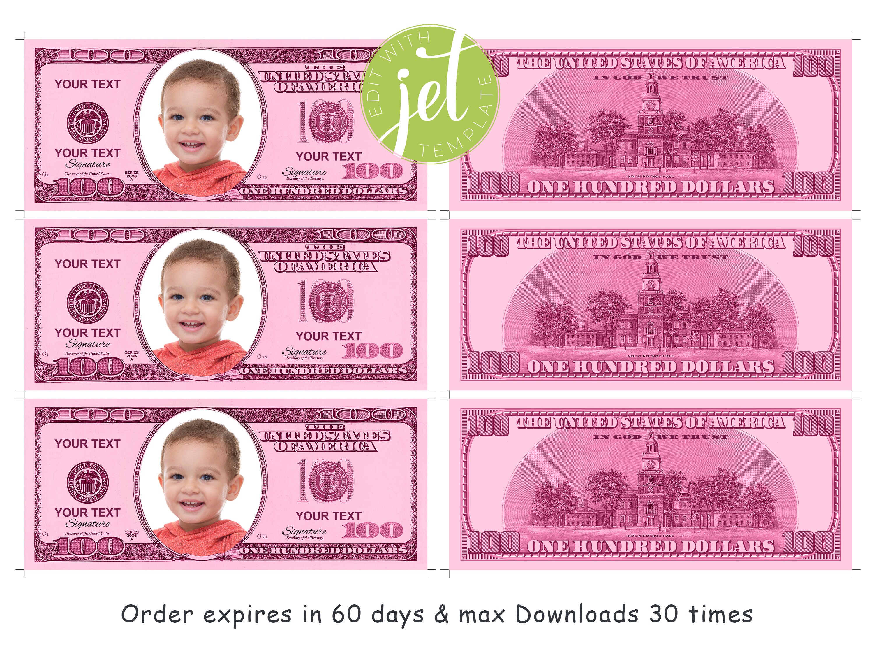Editable Pink 100 Dollar Bill, Money Bill Art, Your Face on Money ...