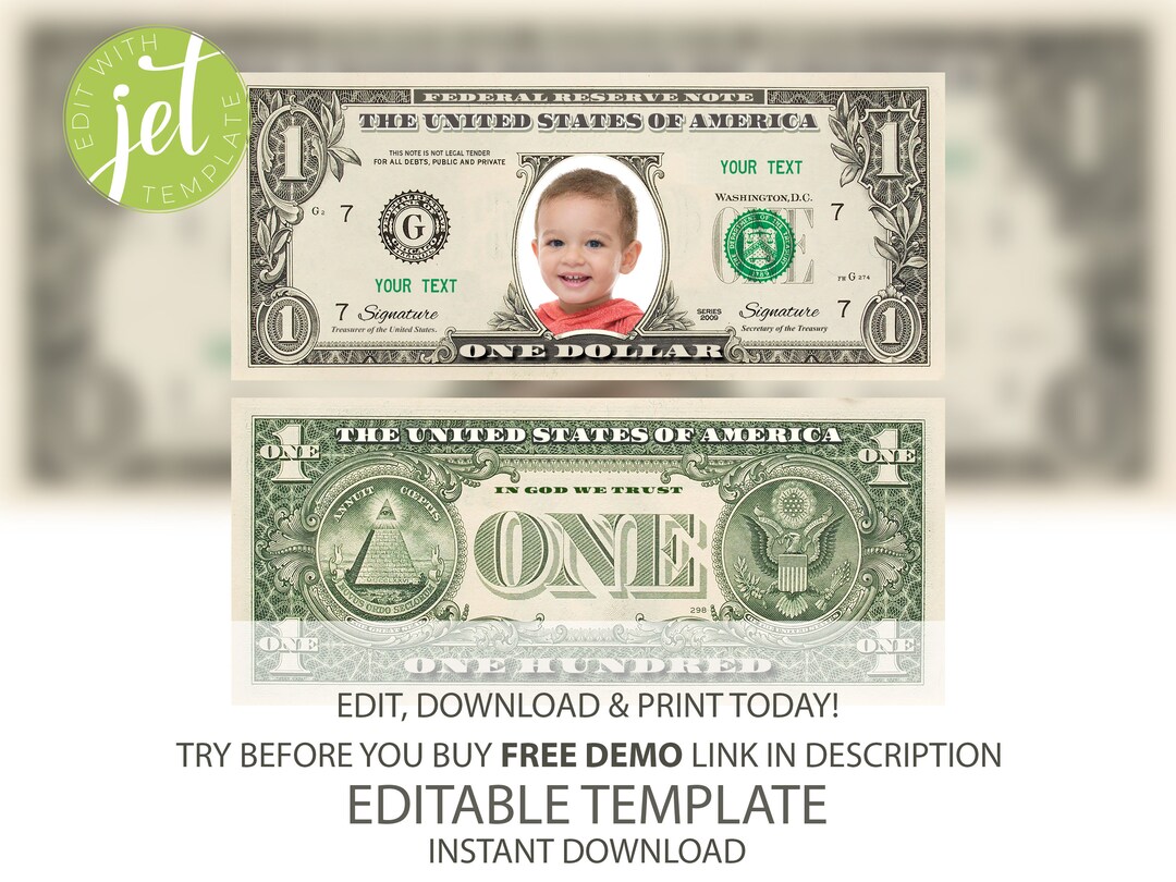 Editable One Dollar Bill, Money Bill Art, Your Face on Money ...
