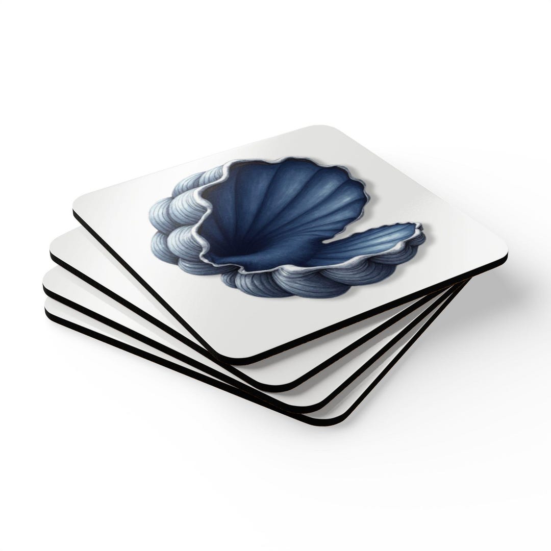 Printed Wooden Drinks Coasters – Coastal Blue Oyster Shell Design (set ...