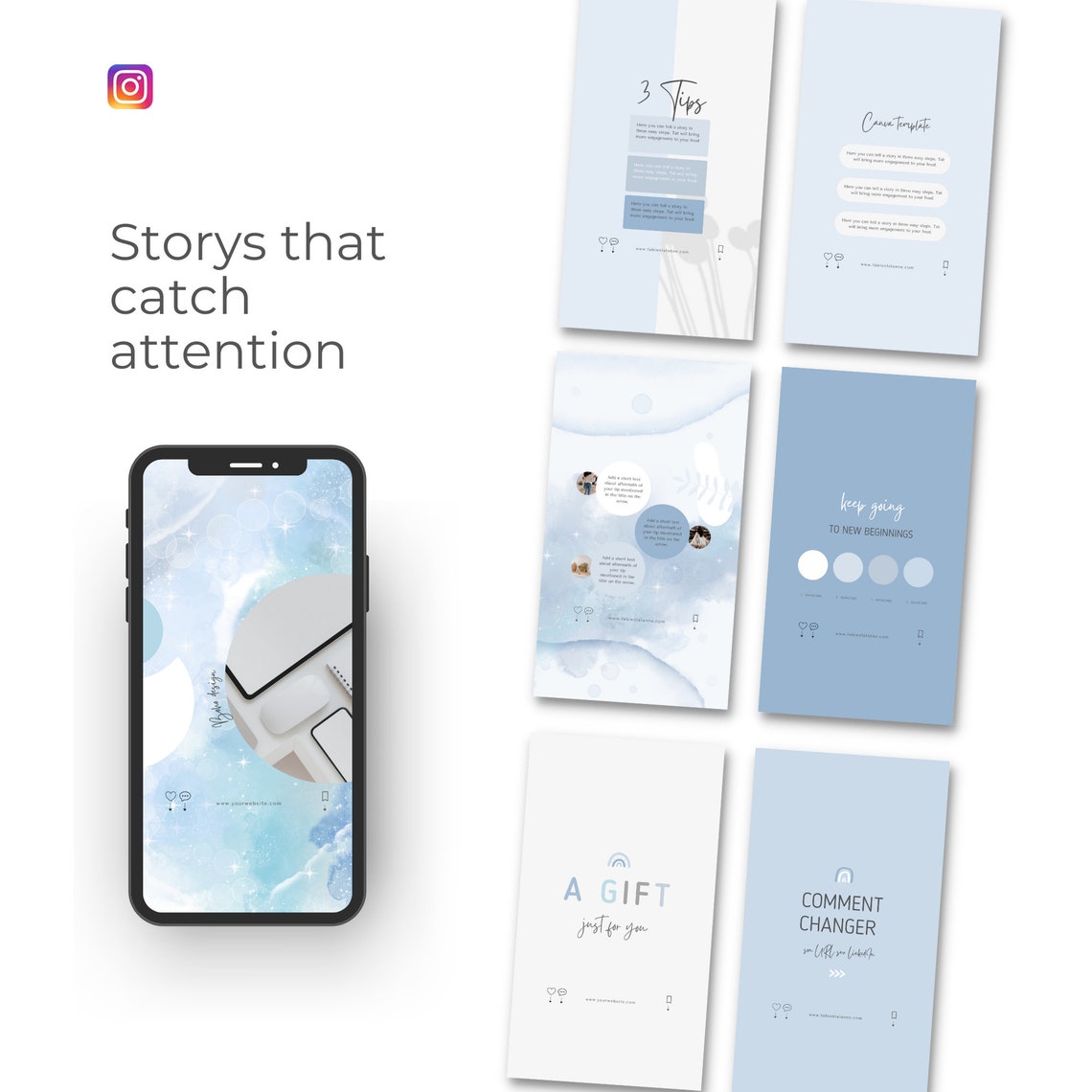 Instagram Template Blue, Template Posts Pastel, Watercolor, Modern ...