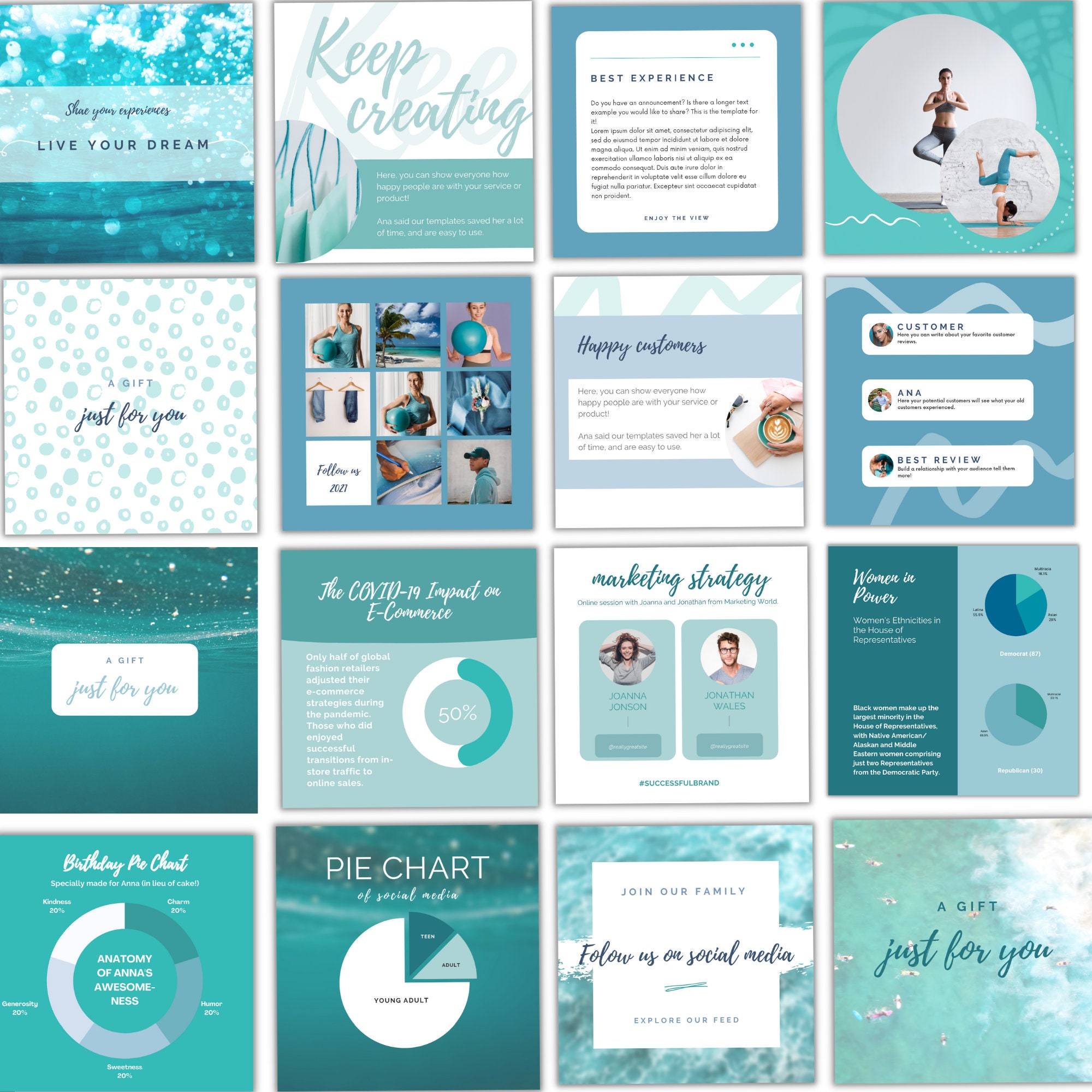 60 blue Instagram post template for Canva. Social media feed. | Etsy
