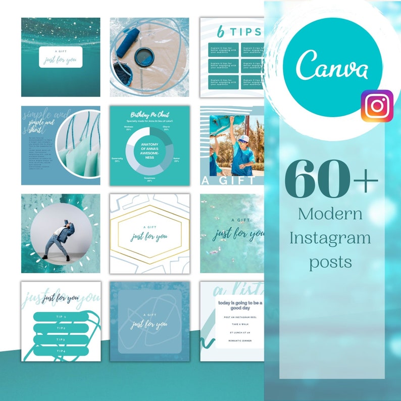60+ Blue Instagram Post Template for Canva. Social Media Feed ...