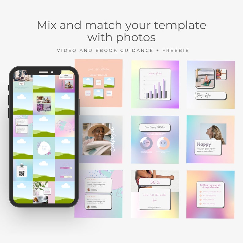 Instagram Posts Template Pastel Rainbow, Colorful Branding, Instagram ...