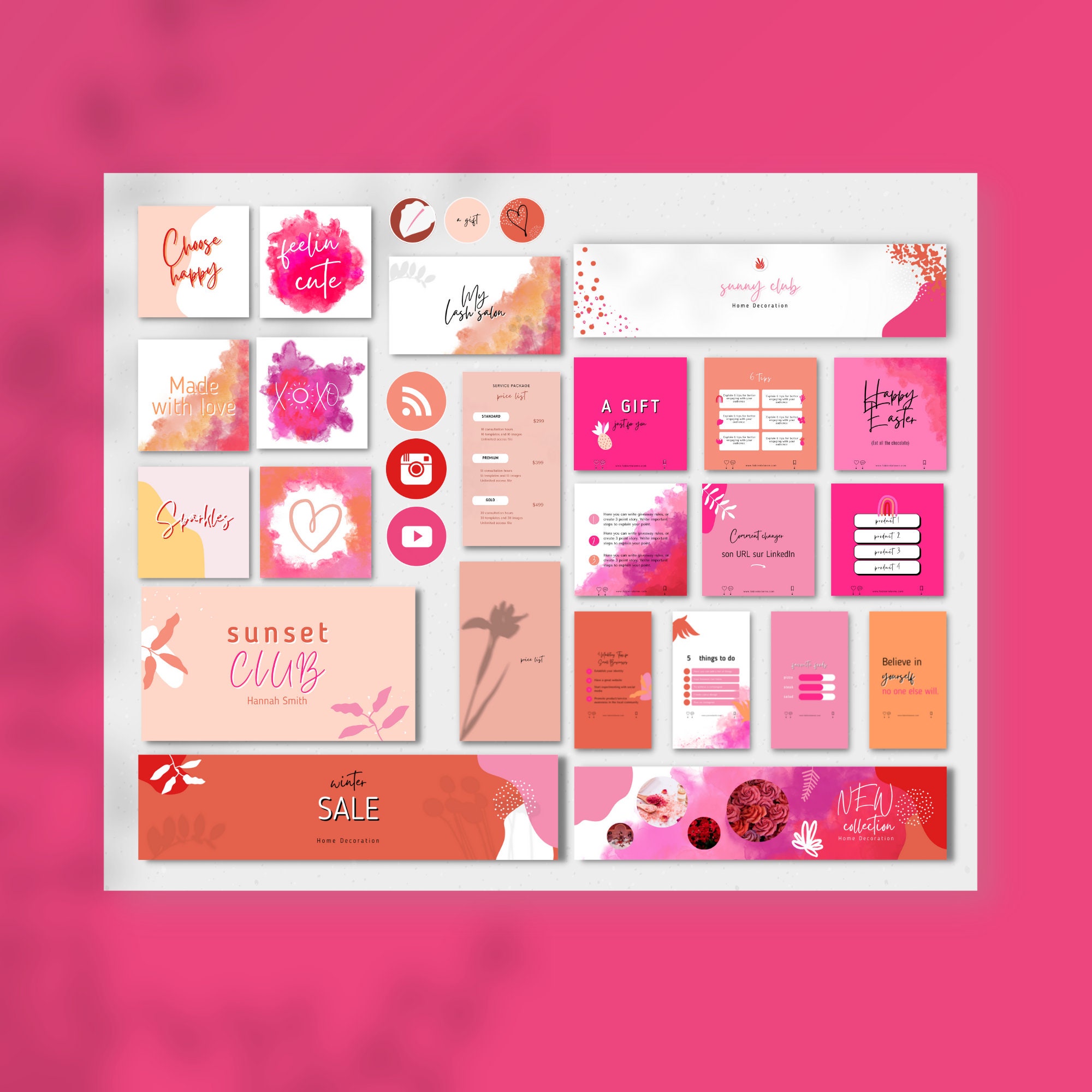 Pink Branding Kit, Watercolour, Social Media Kit, Branding Package With ...
