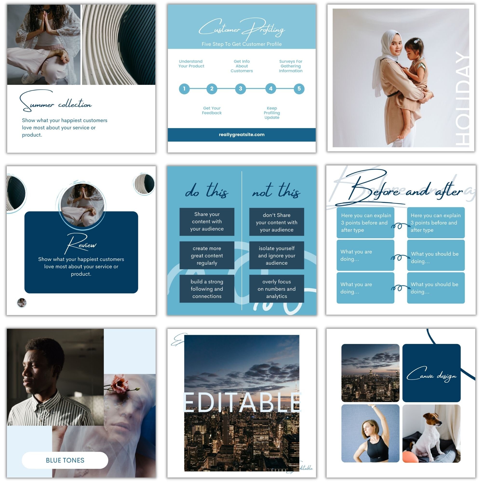 50 Instagram canva templates. Blue social media feed for real | Etsy