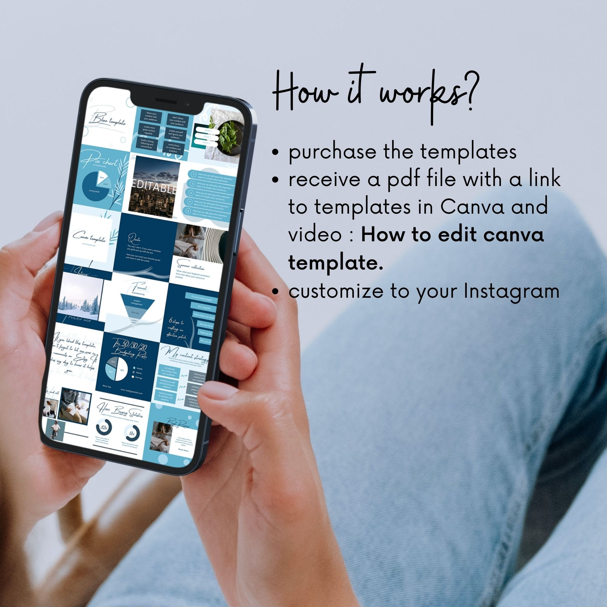 50 Instagram canva templates. Blue social media feed for real | Etsy