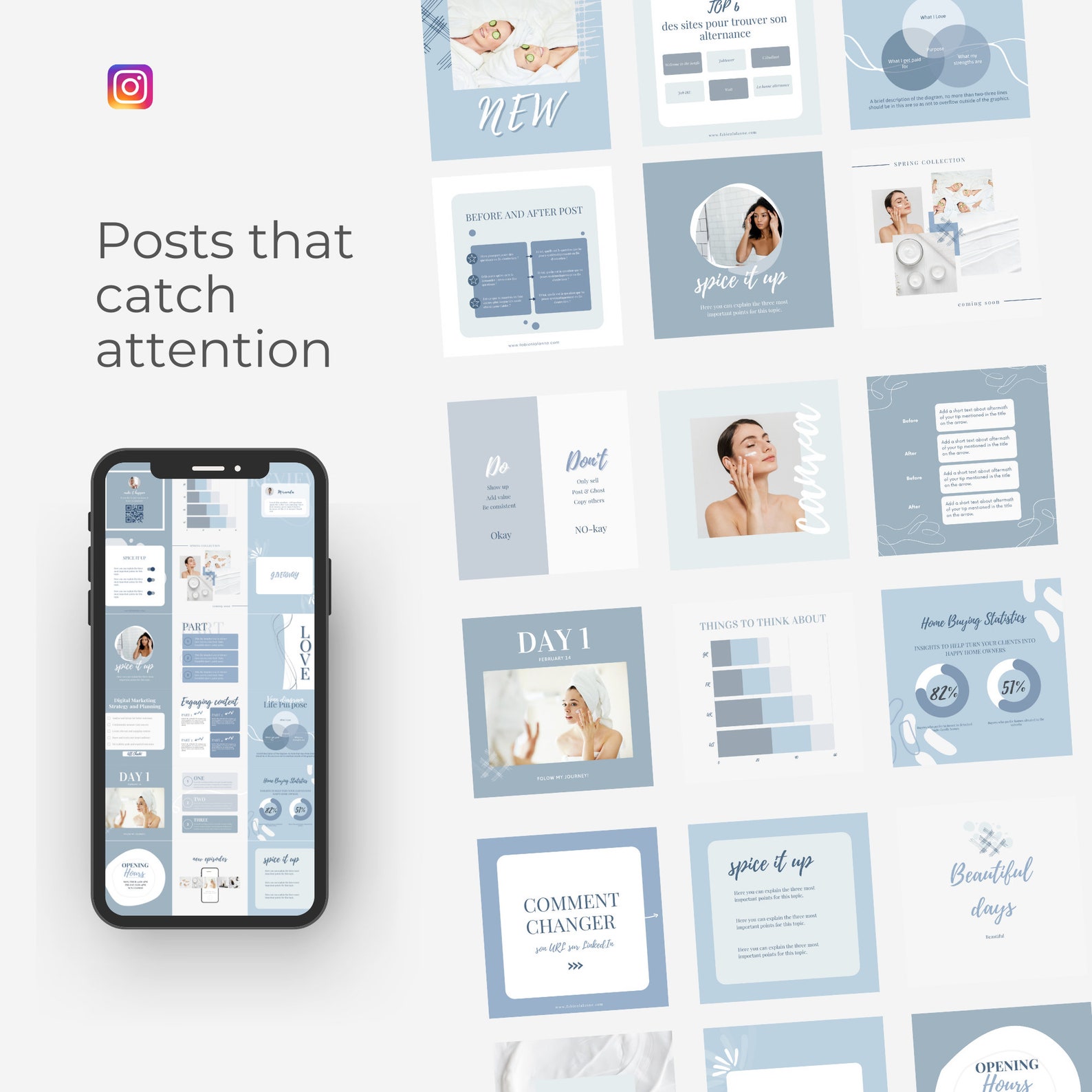 Instagram Template Blue, Blue Posts, Highlights, Instagram Bundle ...