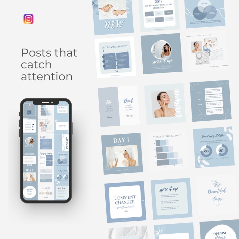 Instagram Template Blue, Blue Posts, Highlights, Instagram Bundle ...