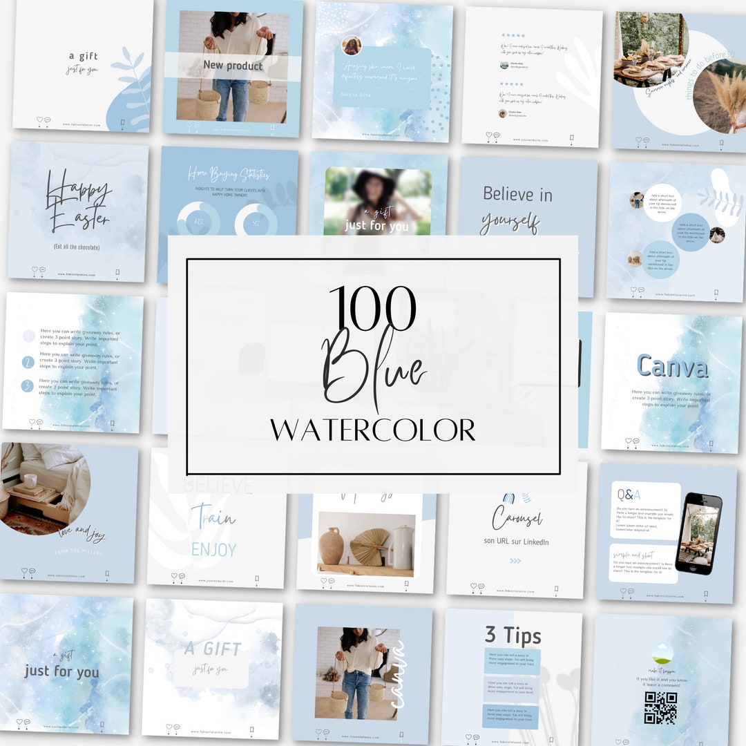 Instagram Template Blue, Template Posts Pastel, Watercolor, Modern ...