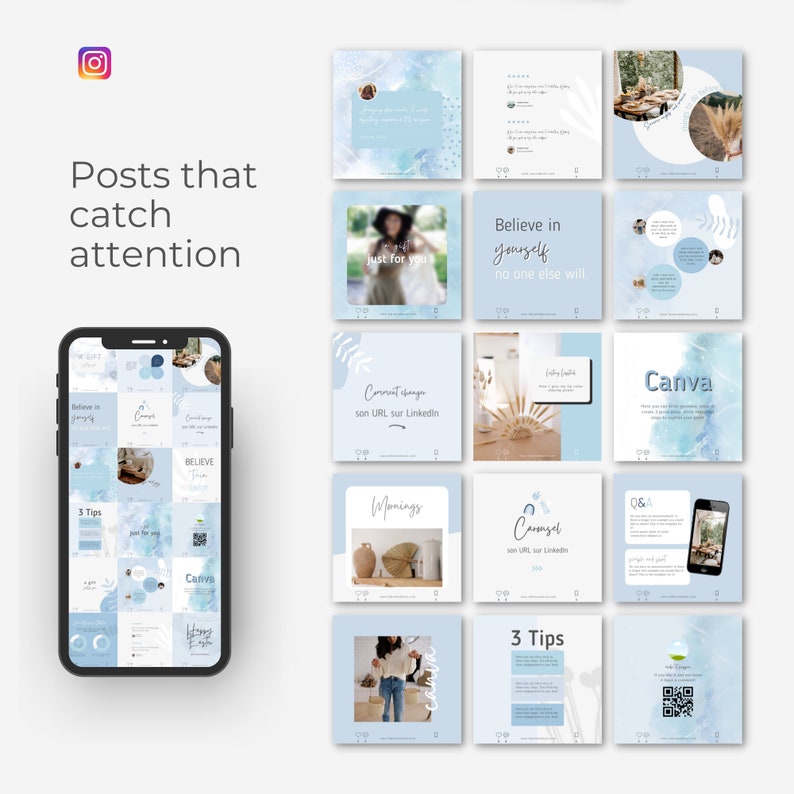 Instagram Template Blue, Template Posts Pastel, Watercolor, Modern ...