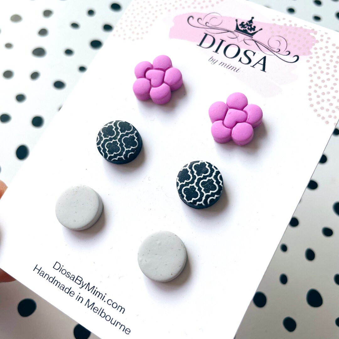 Assorted Triple Stud Pack, Purple Black Greypolymer Clay Earrings ...