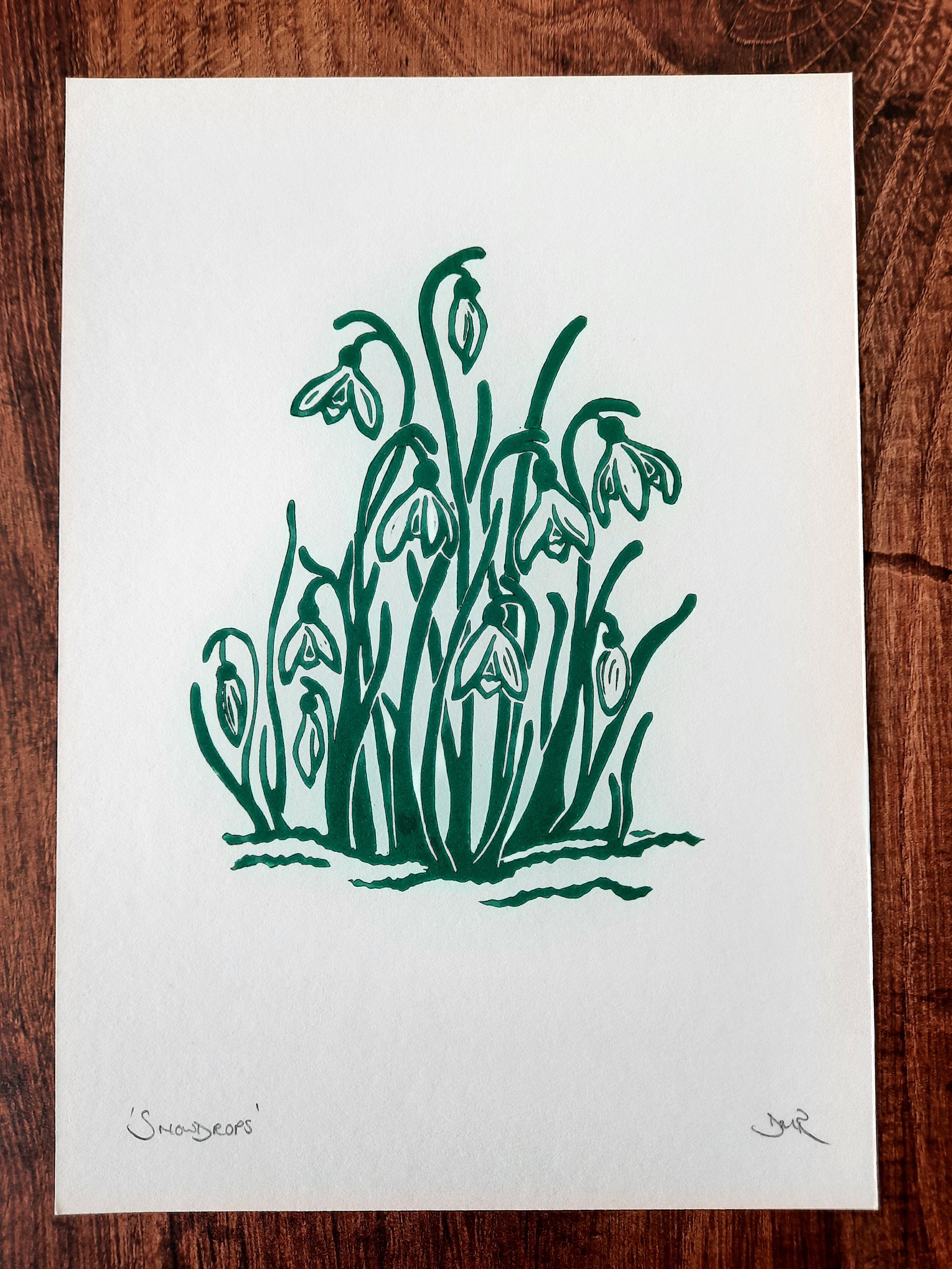 Snowdrops Linocut Print in Green ~ Hand Carved and Printed Original ...