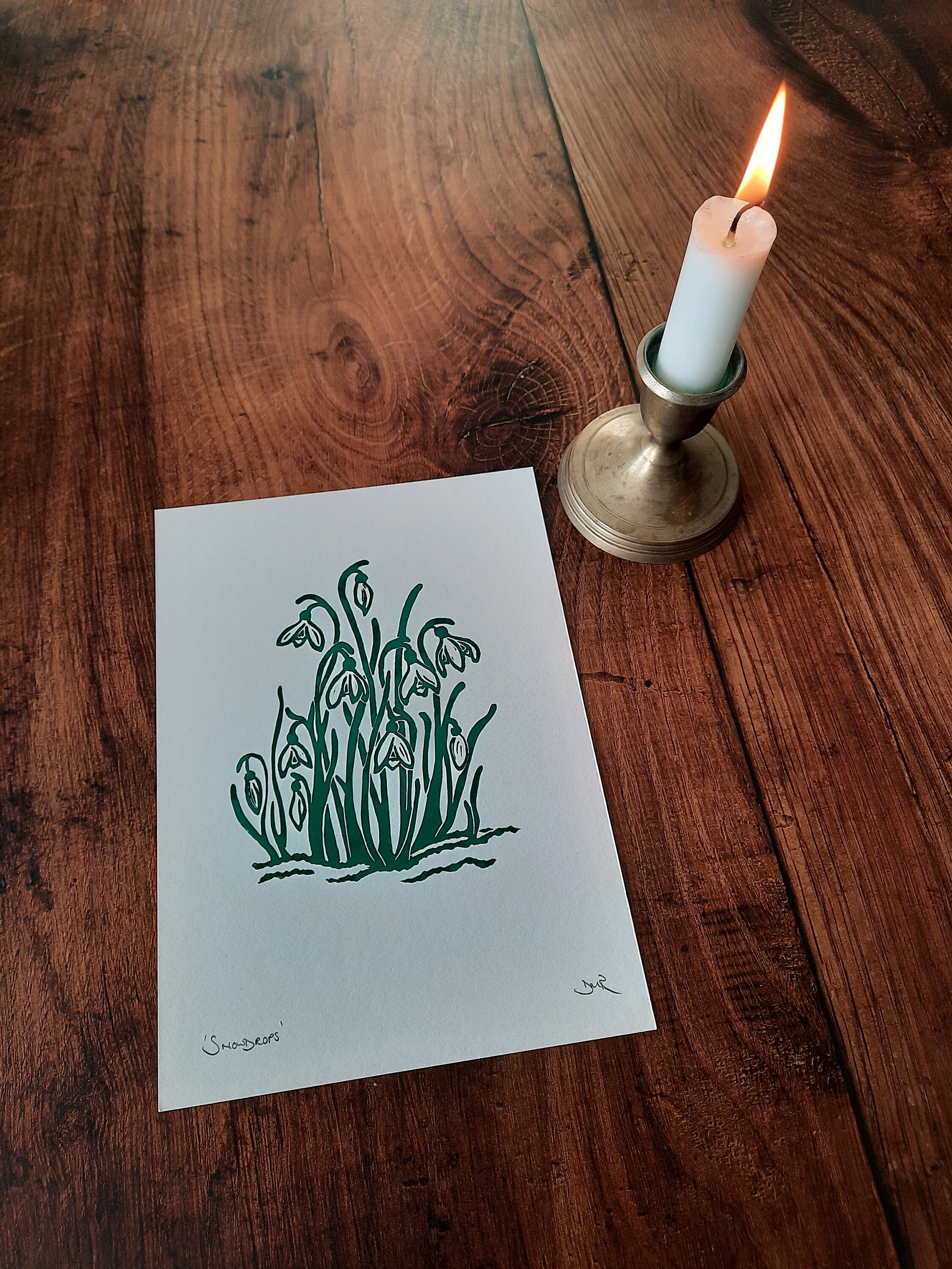 Snowdrops Linocut Print in Green ~ Hand Carved and Printed Original ...