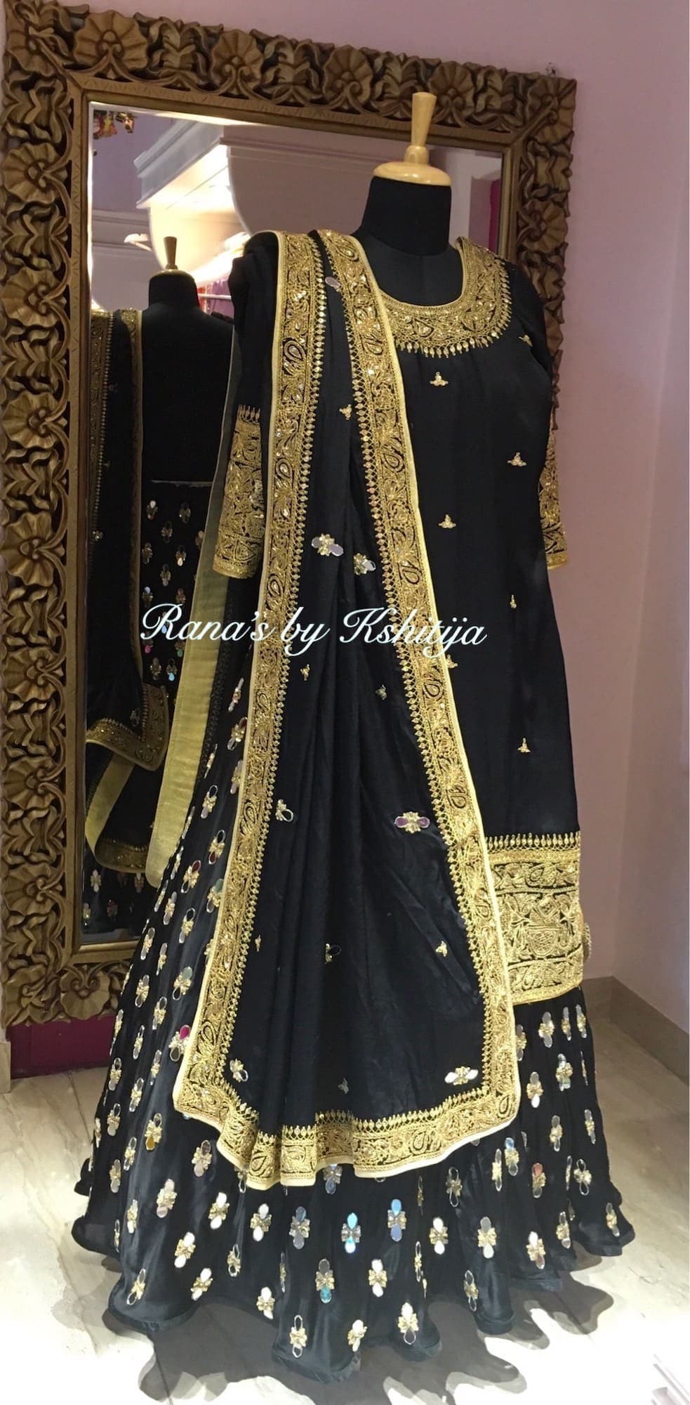 Beautiful Black Marodi Mirror Work Skirt Kurti Set With Hand Embroidery ...