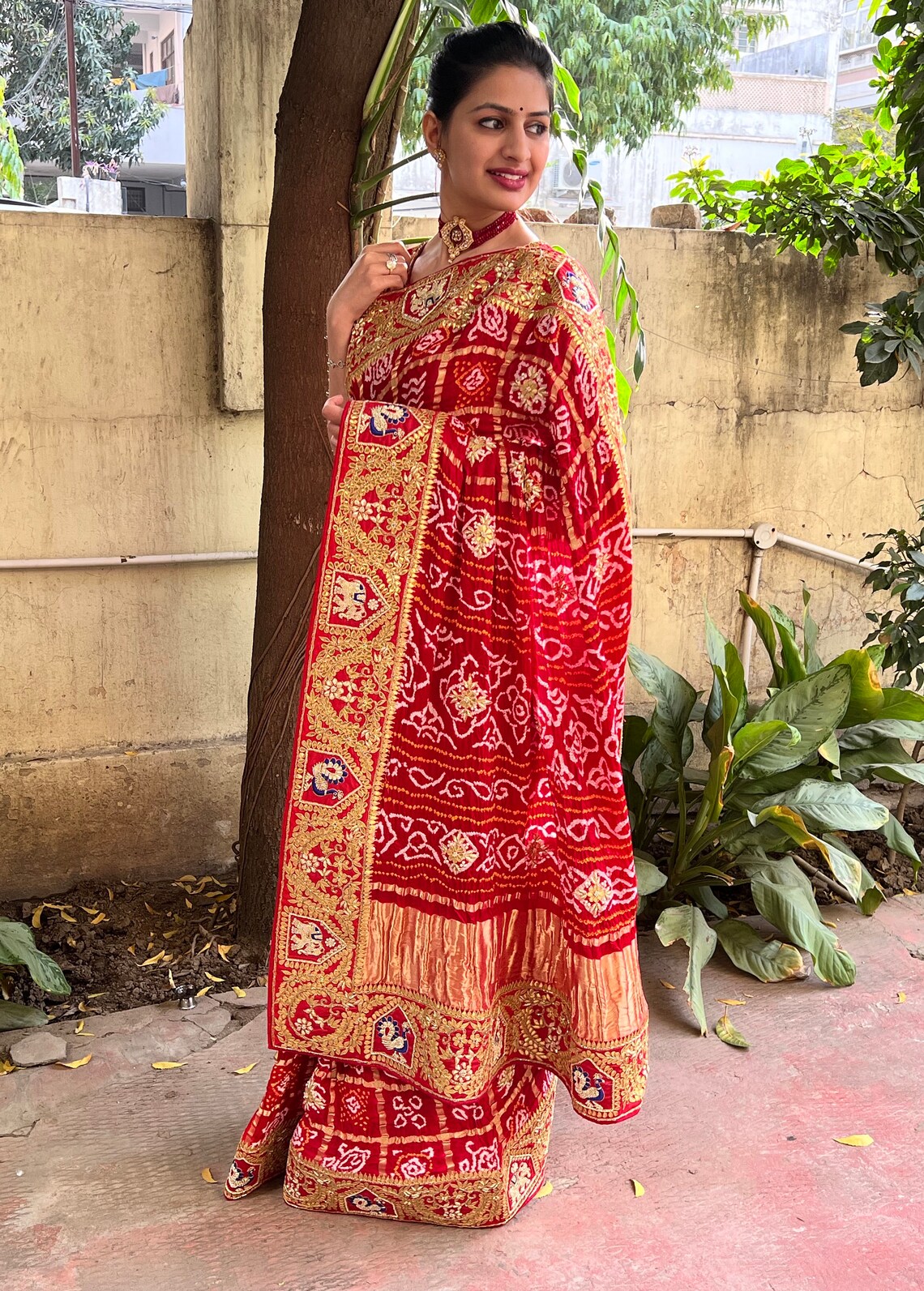 Handmade Red Gharchola Saree: Bandhani Gajji Silk With Embroidery - Etsy