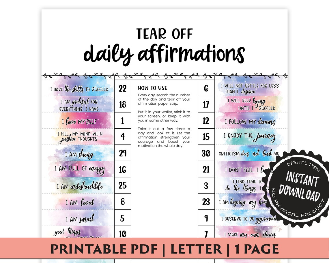 Daily Affirmations Tear off DIY Printable for Encouragement and Self ...