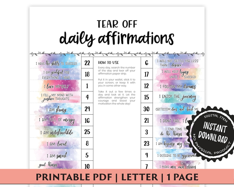 Daily Affirmations Tear off DIY Printable for Encouragement and Self ...