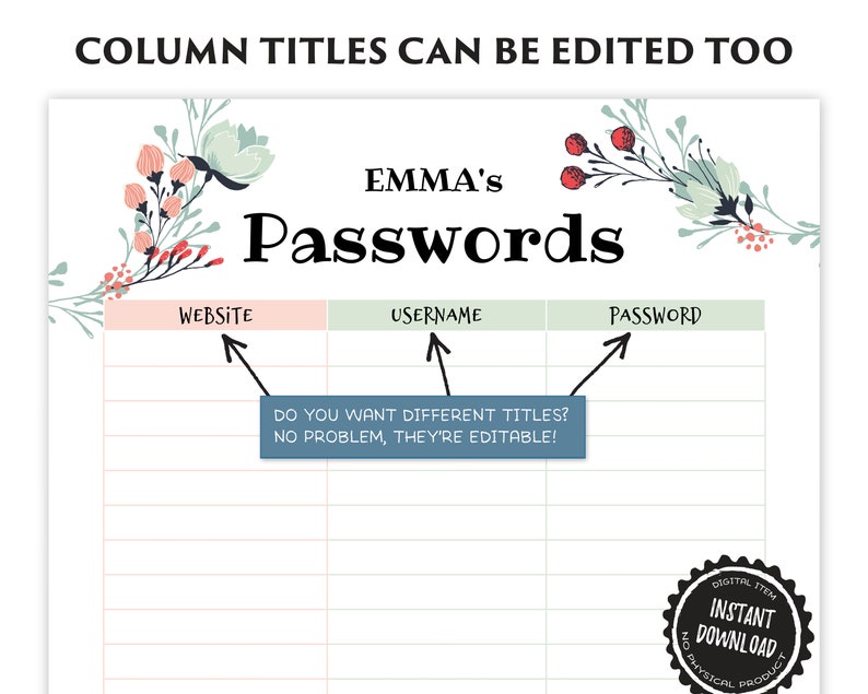 Editable Password Tracker, Printable Password Log, Password Keeper ...
