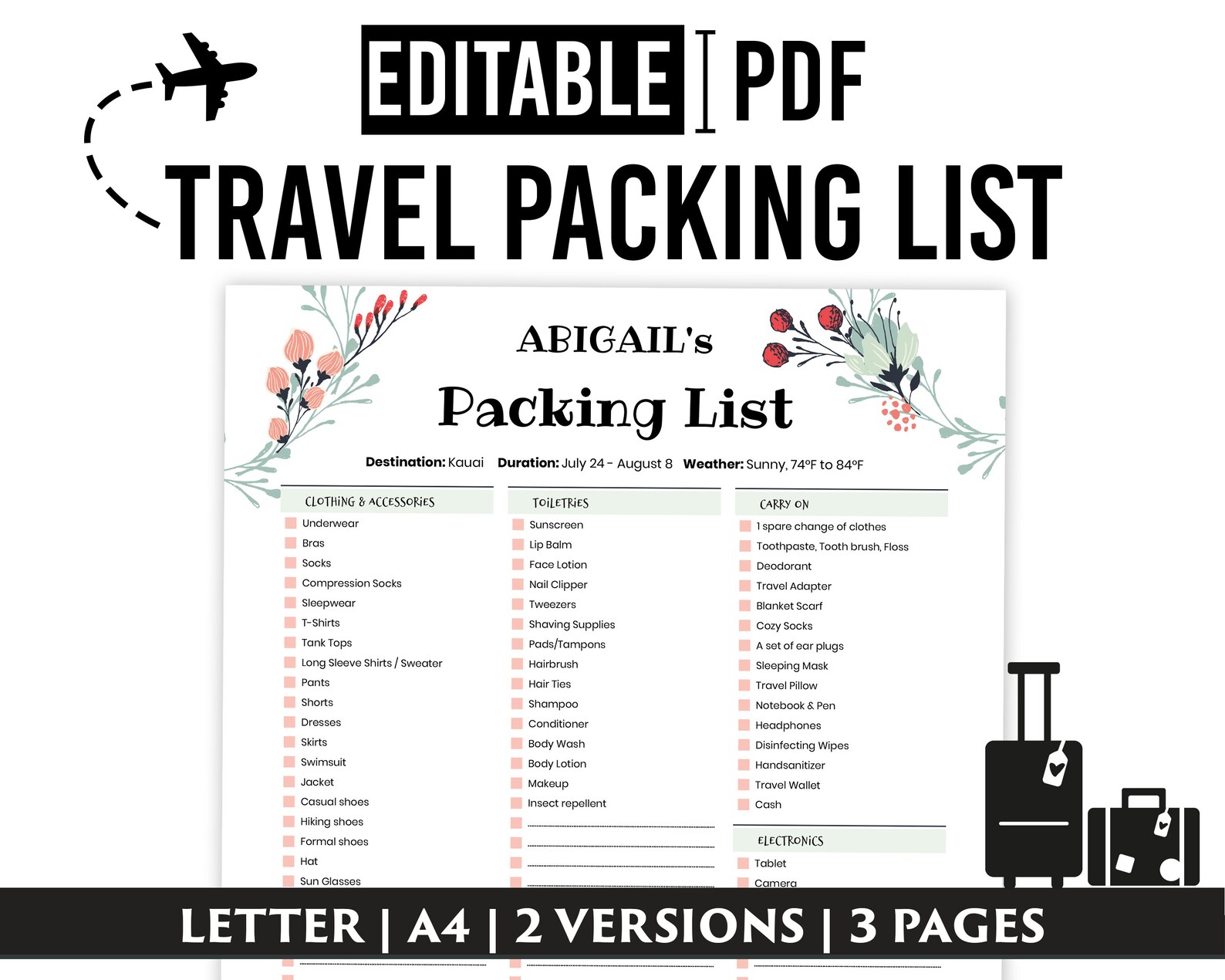 Packing List for Travel Planning, Customizable Planner Template PDF ...