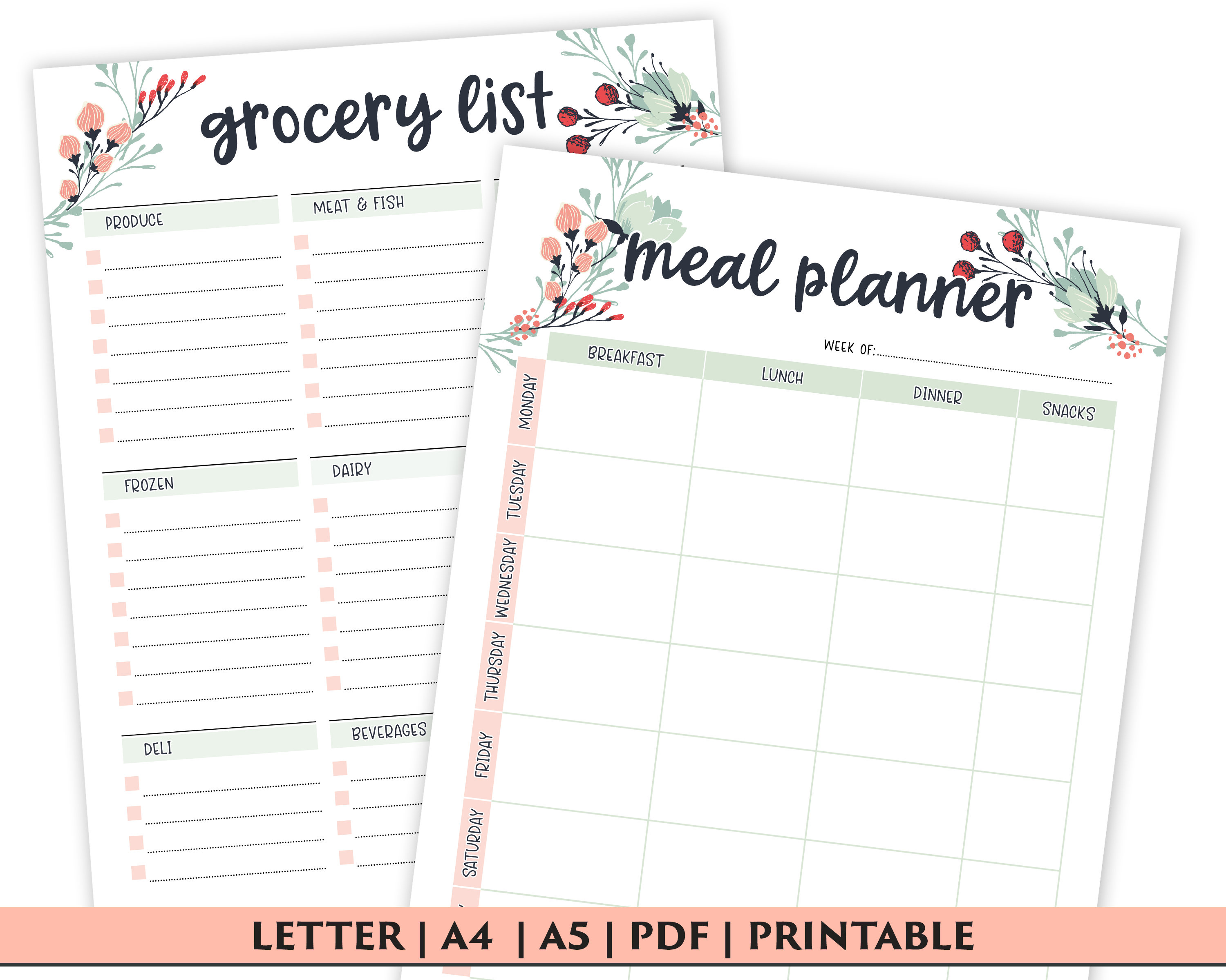 Calendars & Planners Digital Download PDF Weekly Meal Planner Printable ...