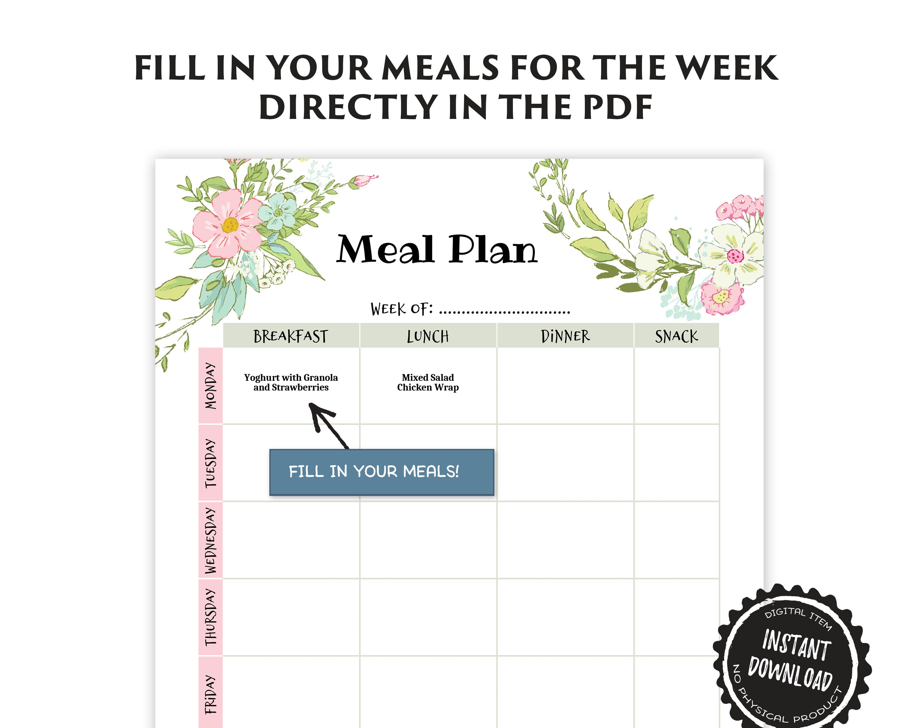 Weekly Meal Planner Printable for Menu Planning PDF Template - Etsy