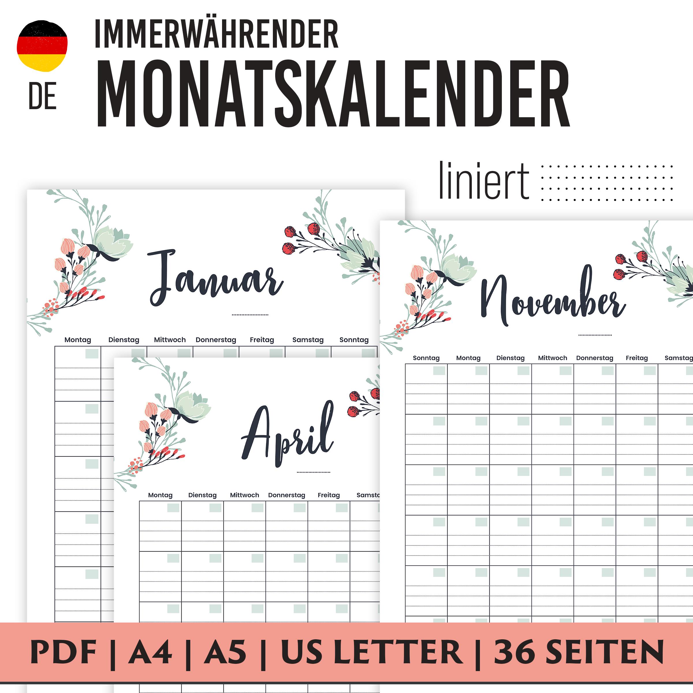 German Printable Perpetual Calendar, Full Year Undated Monthly ...
