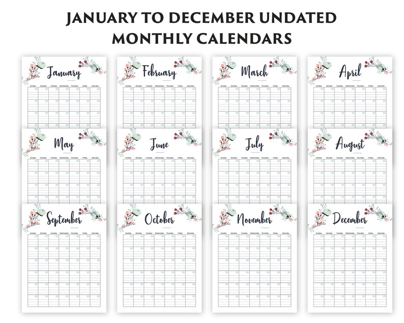 Printable Perpetual Calendar, Full Year Undated Monthly Calendars PDF ...