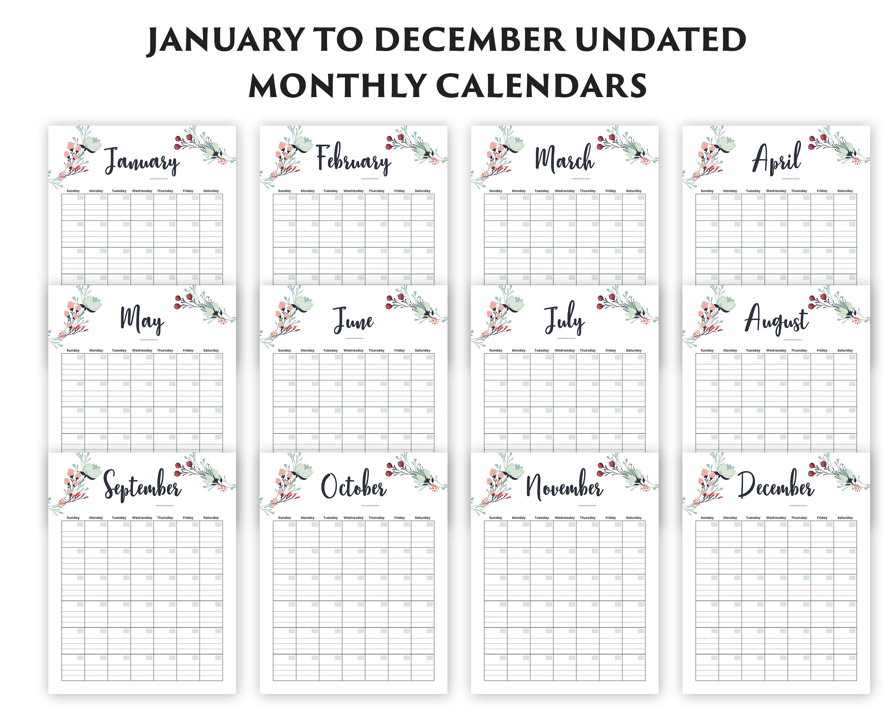 Printable Perpetual Calendar, Full Year Undated Monthly Calendars PDF ...