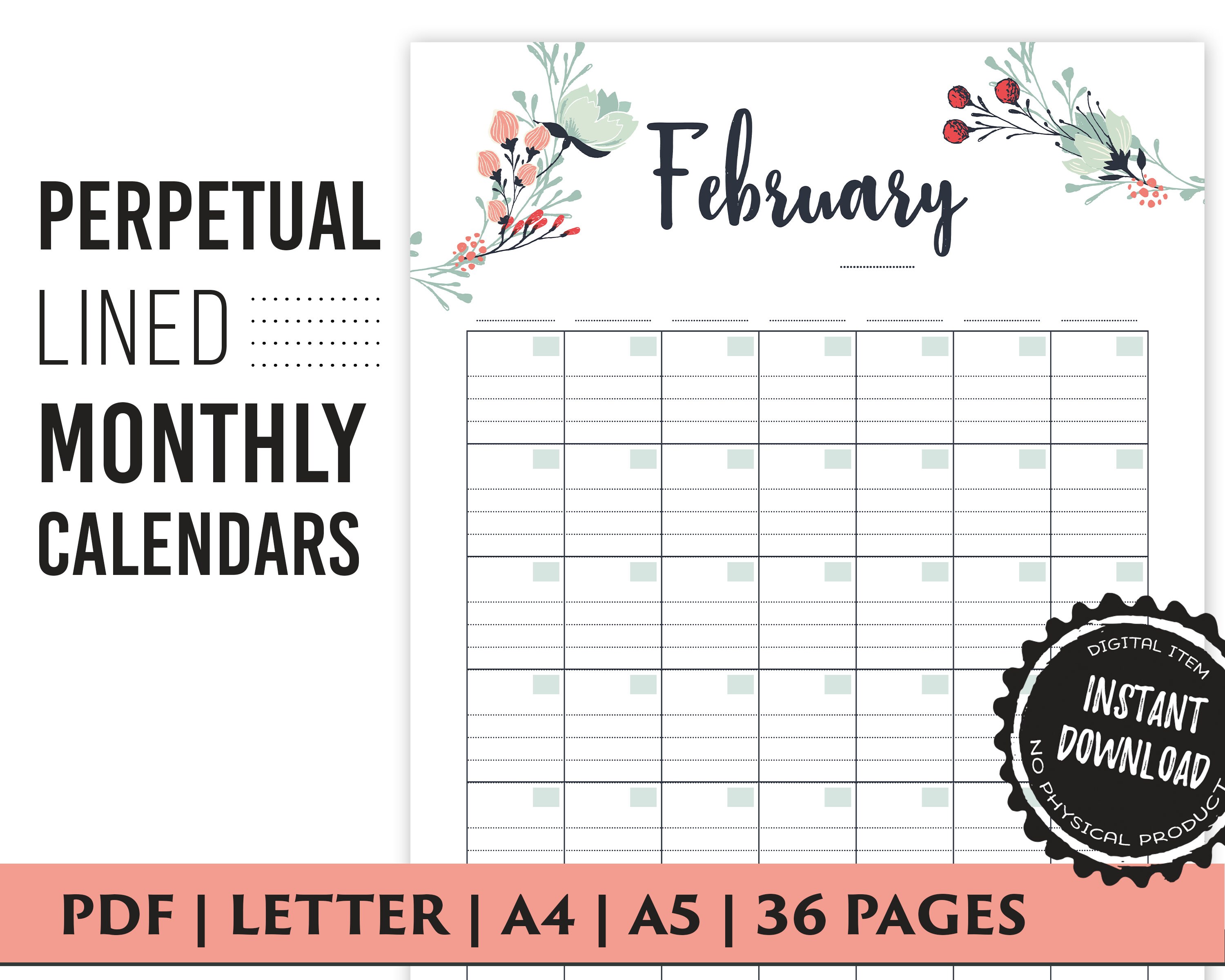 Printable Perpetual Calendar, Full Year Undated Monthly Calendars PDF ...