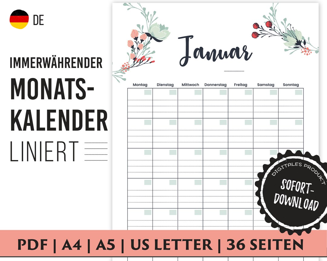 German Printable Perpetual Calendar, Full Year Undated Monthly ...