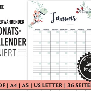 German Printable Perpetual Calendar, Full Year Undated Monthly ...