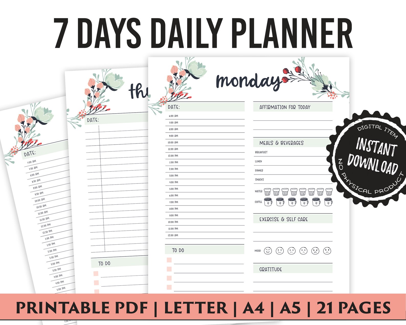 Printable 7 Days Daily Planner Hourly Schedule for Time - Etsy