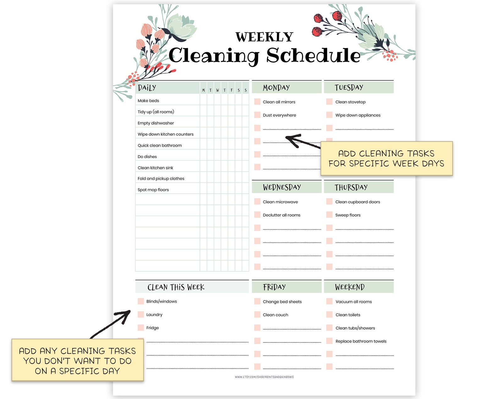 Weekly Cleaning Checklist Editable Cleaning Checklist | Etsy