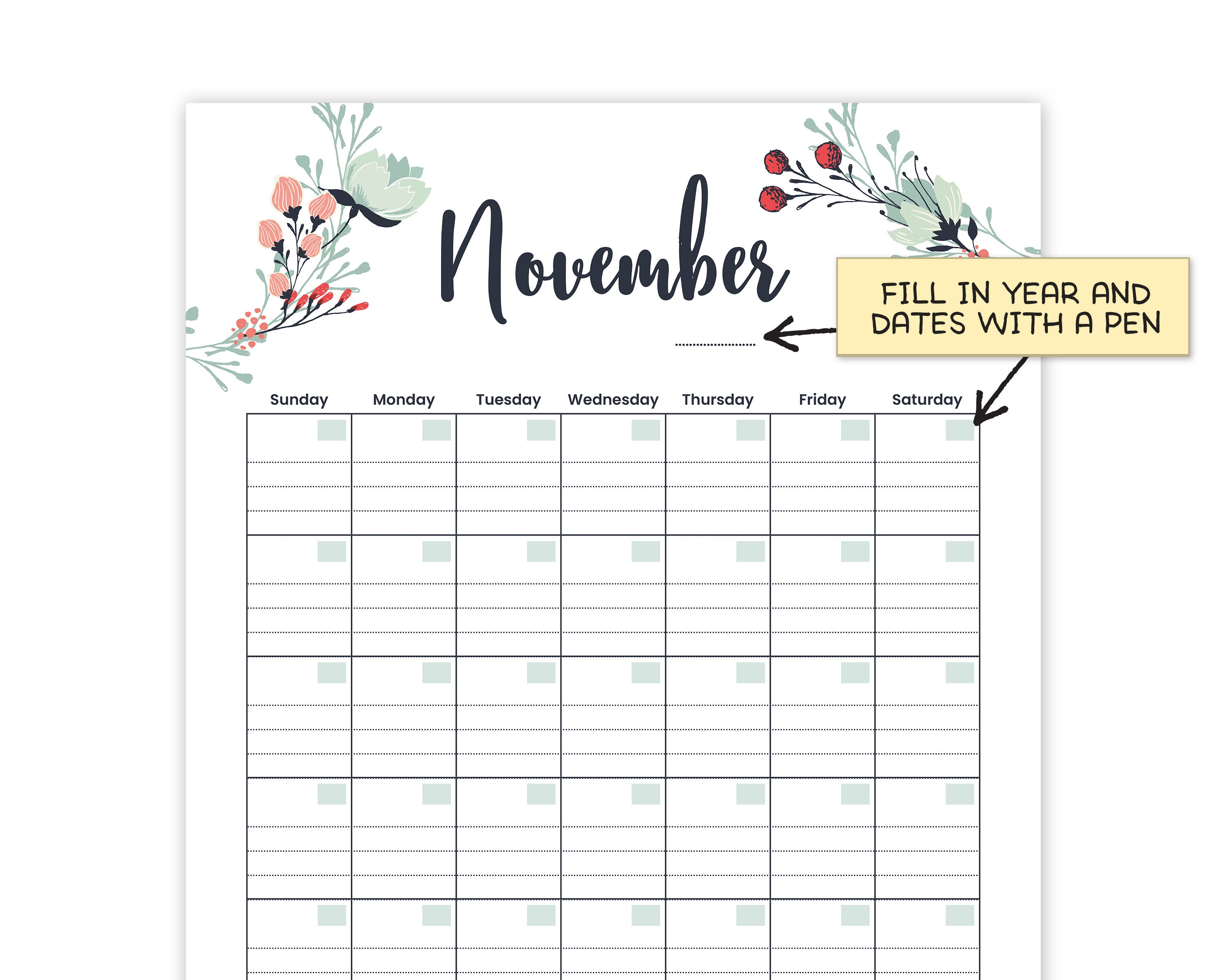Printable Perpetual Calendar, Full Year Undated Monthly Calendars PDF ...