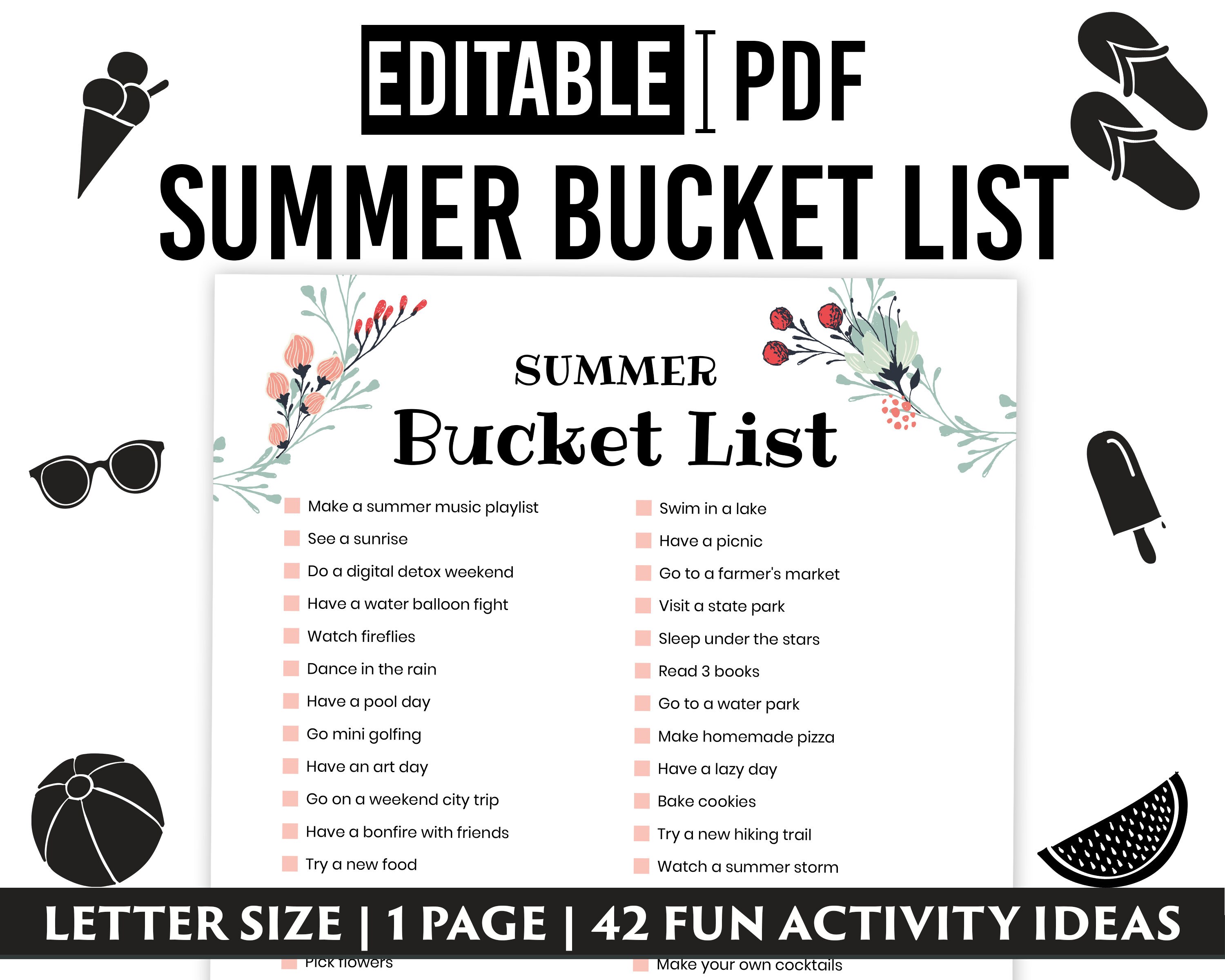 Summer Bucket List, Customizable Planner Template PDF, Instant Download ...