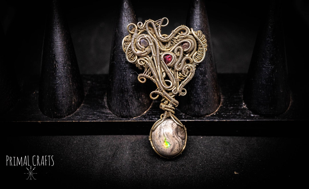 Natural Mexican Fire Opal Wire Wrapped Pendant With Red Spinel, Heady ...